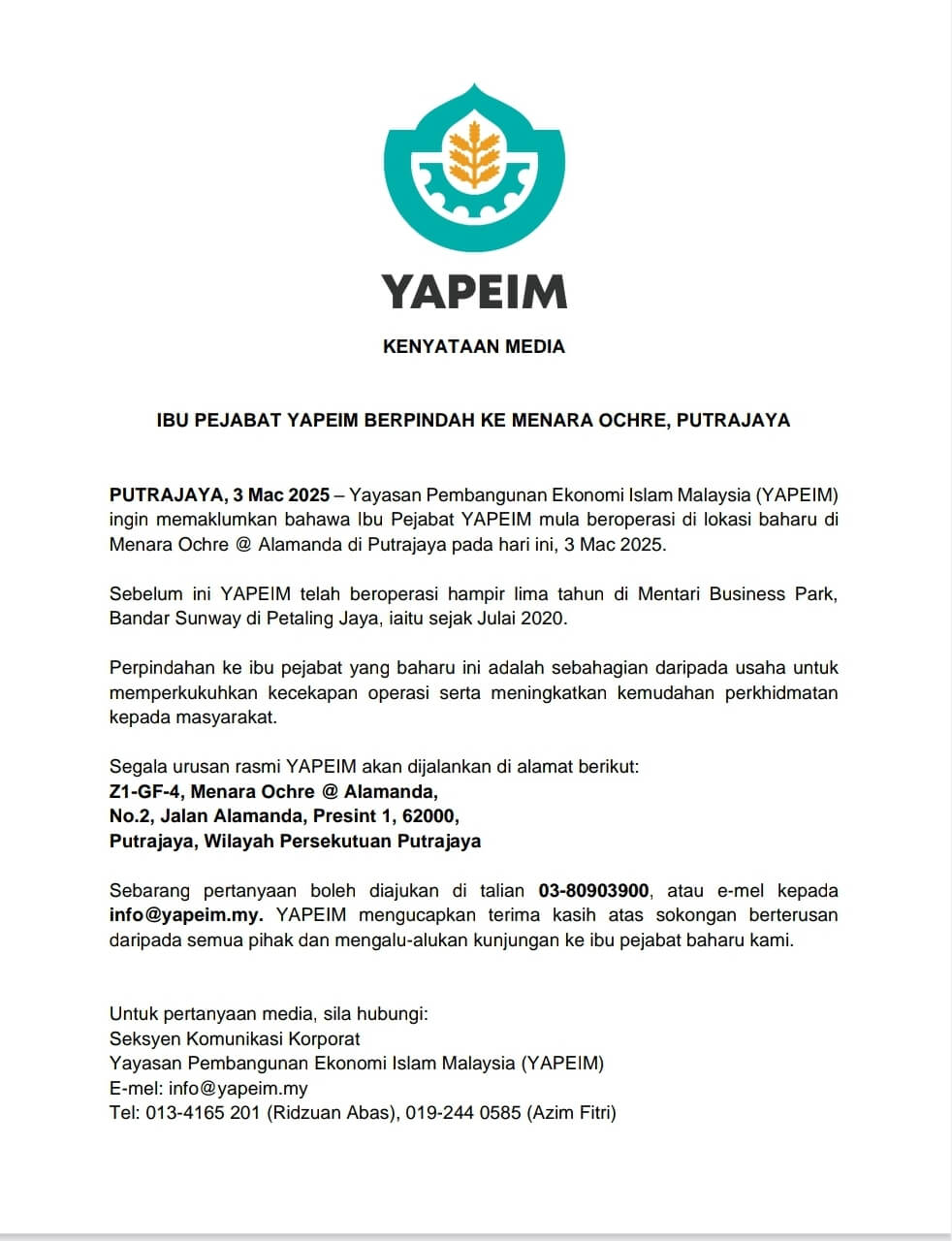 Kenyataan Media : Ibu Pejabat YAPEIM Berpindah ke Menara Ochre ...