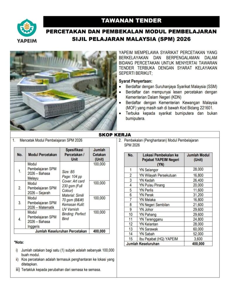 Iklan Tender Percetakan & Pembekalan Modul SPM 2026 – YAPEIM